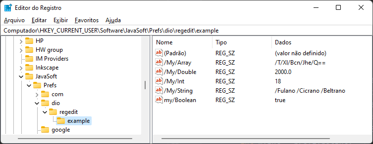 Salvar dados no registro com Java.